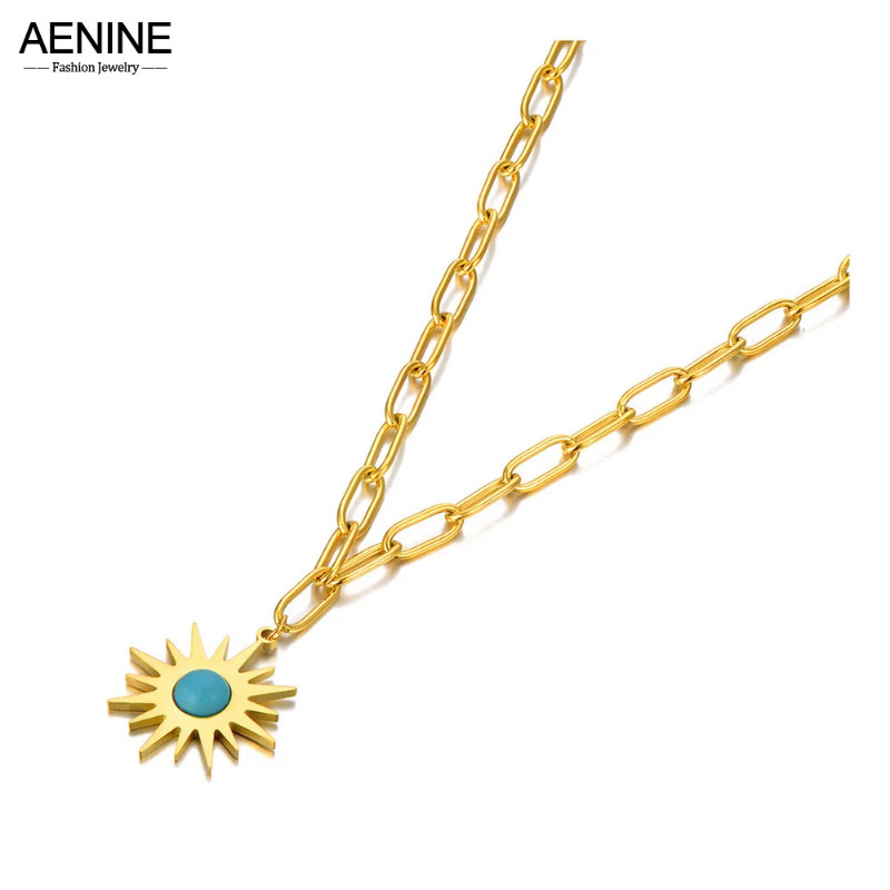 ღ AENINE 18K Gold Stainless Steel Turquoise Sun Flower Charm Pendant ...