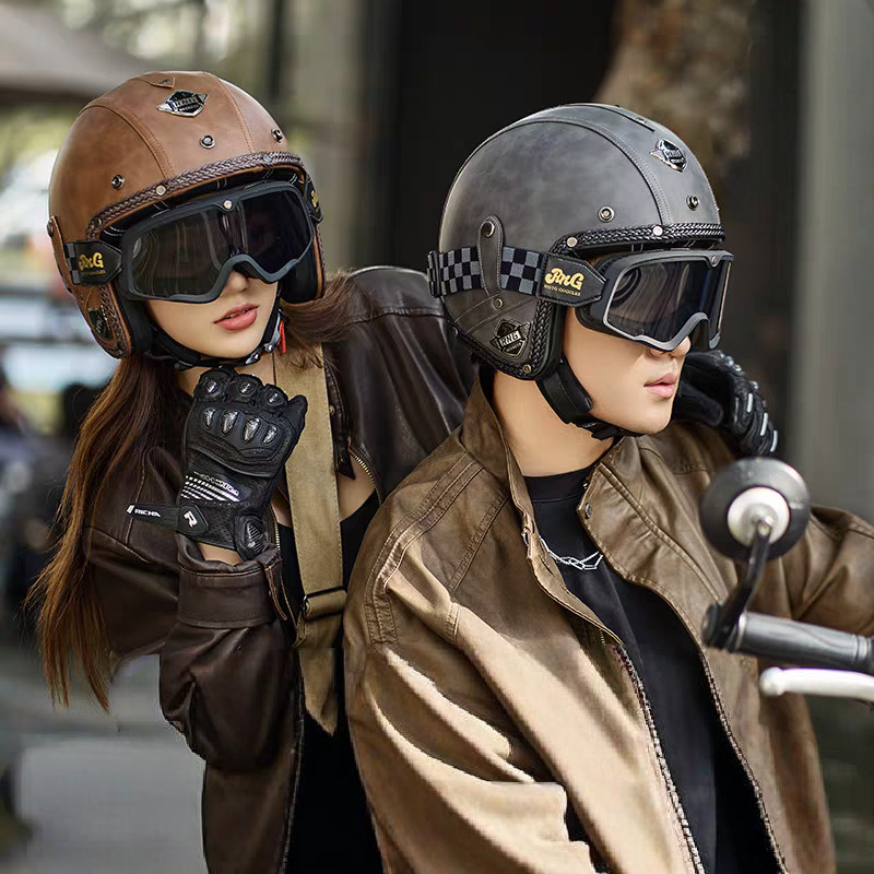 3/4 Leather Helmets Glasses Visor Oldtimer Helmet Half Shell Helmet ...