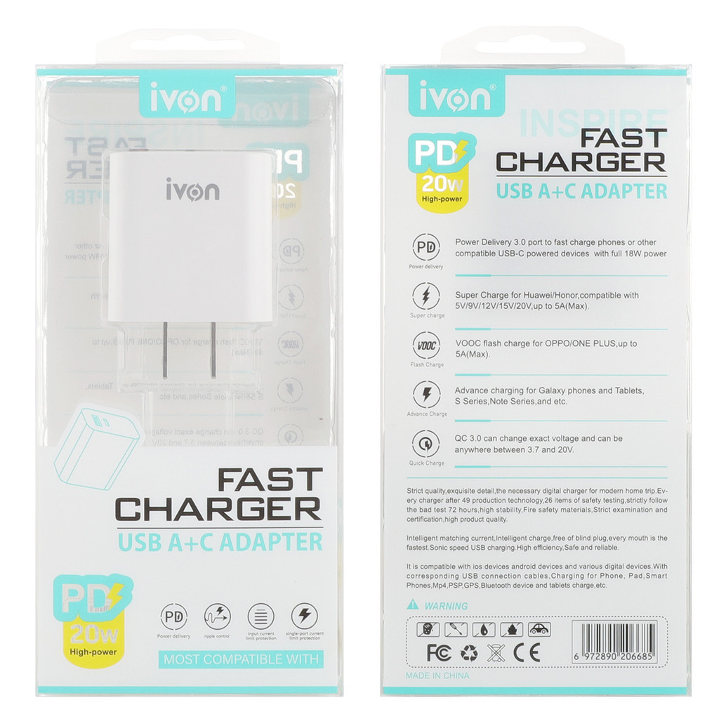 IVON AD55 A+C Dual Port Mobile Charger PD20W Quick Charging Head USB-A ...