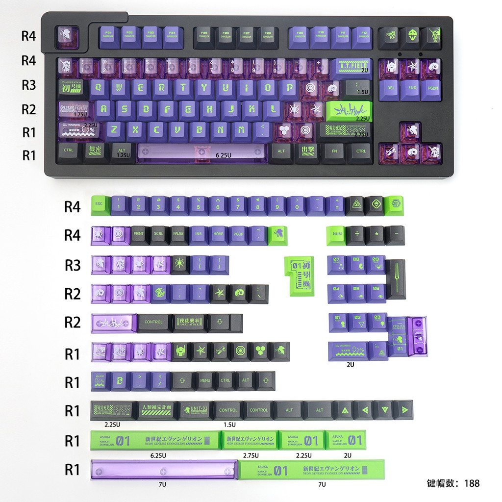EVA-01 PBT+PC keycaps EVANGELION Purple Shine through keycaps set for ...
