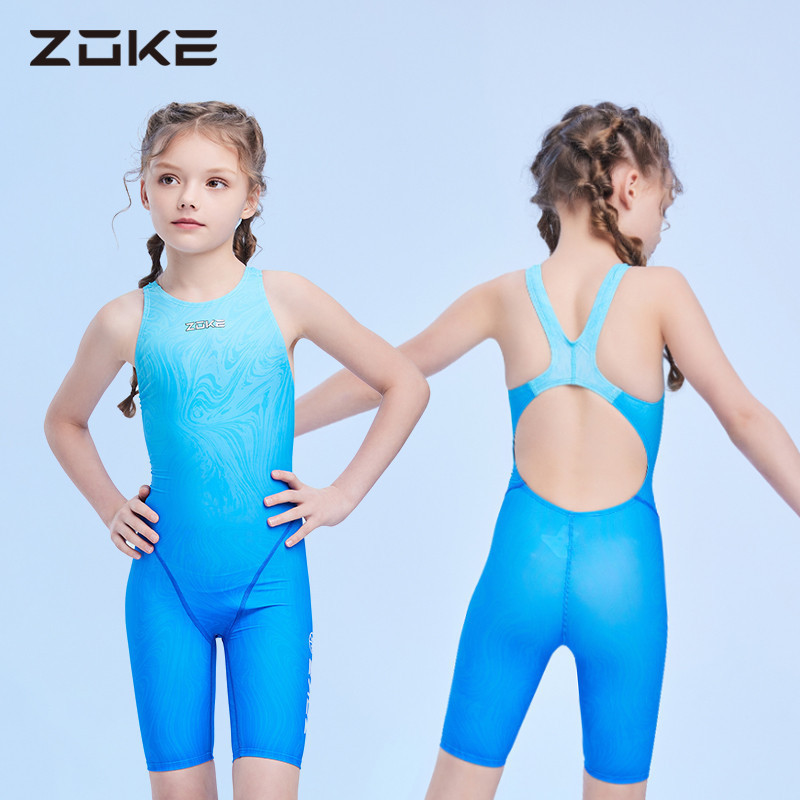ZOKE Girls Training Swimsuit Kid Competitive Kneesuit Spandex Round Neck Sporty Swimwear For ...