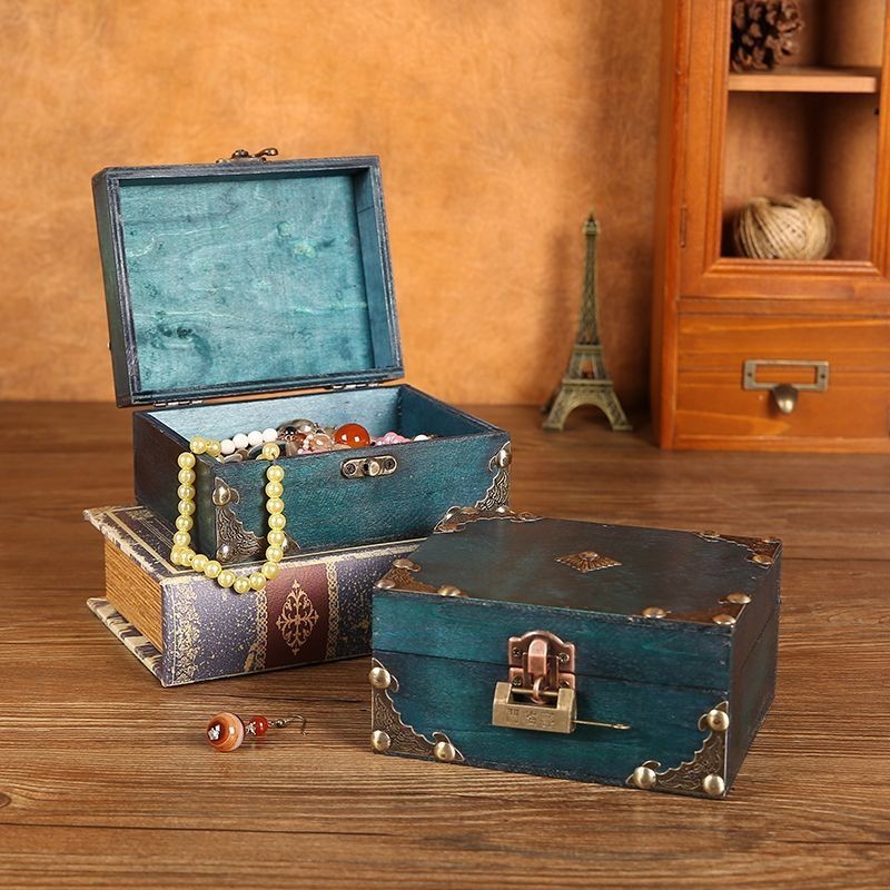 Retro Aged Wooden Jewelry Box With Lock, Antique Storage Box, Desktop ...