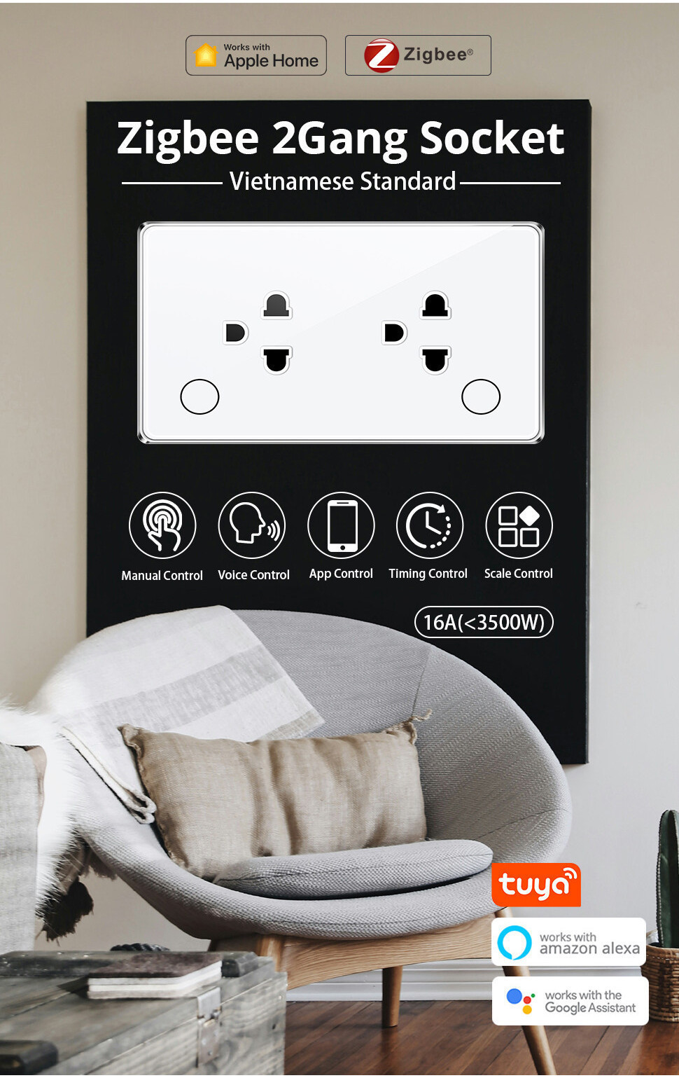 zemismart Zigbee Smart Socket,Touch 2Gang Outlet,Tuya App Timer,Socket ...