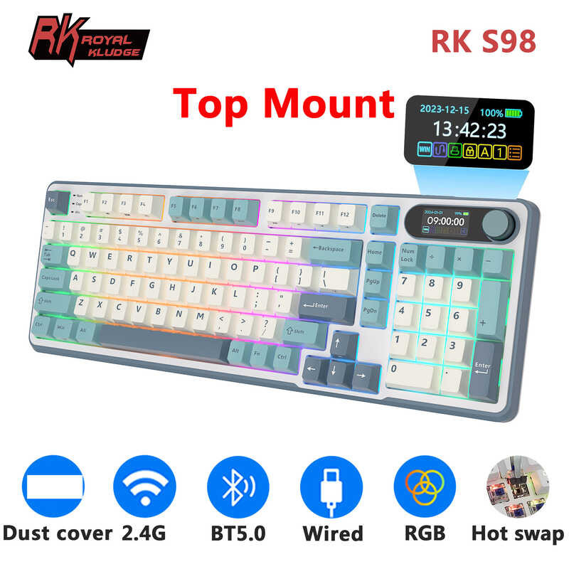 & RK ROYAL KLUDGE S98 nical Top Mount TFT Screen 98 Keys RGB Bt5.0/2.4G/Usb-C Wireless Gamer ...