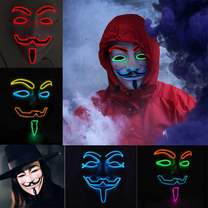 Luminous Hacker Halloween LED Glowing V For Vendetta Face Neon Light Up ...