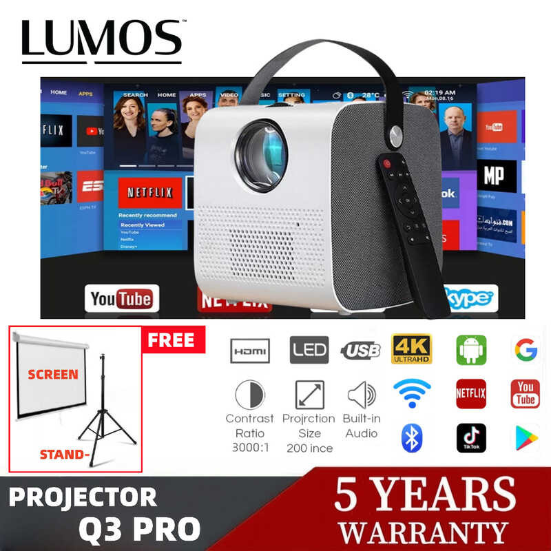 Q3 PRO Portable 4K UHD - Proyektor OS Android WiFi Bluetooth HDMI USB Smart Mini Projector ...