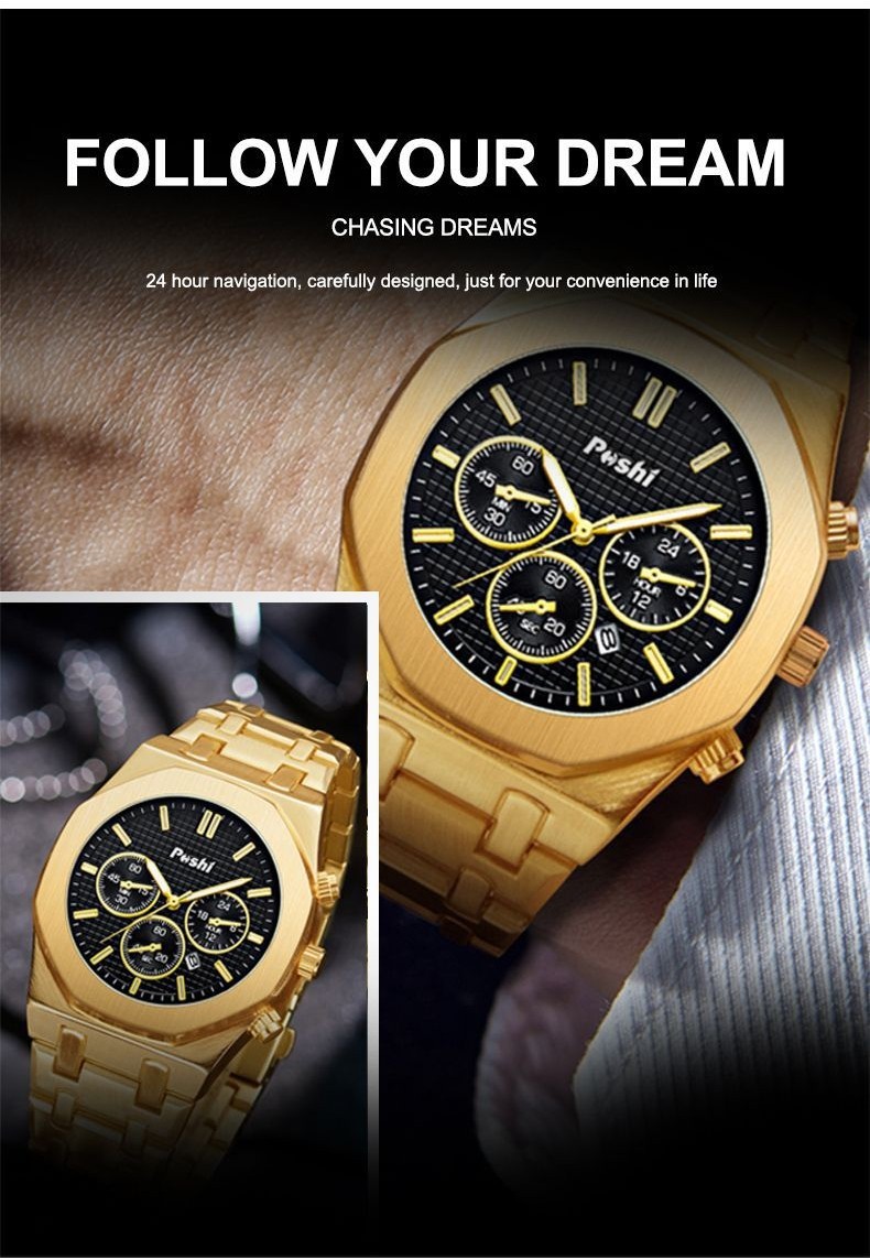 POSHI Men's Original Luxury Stainless Steel Gold Black Business Fashion ...