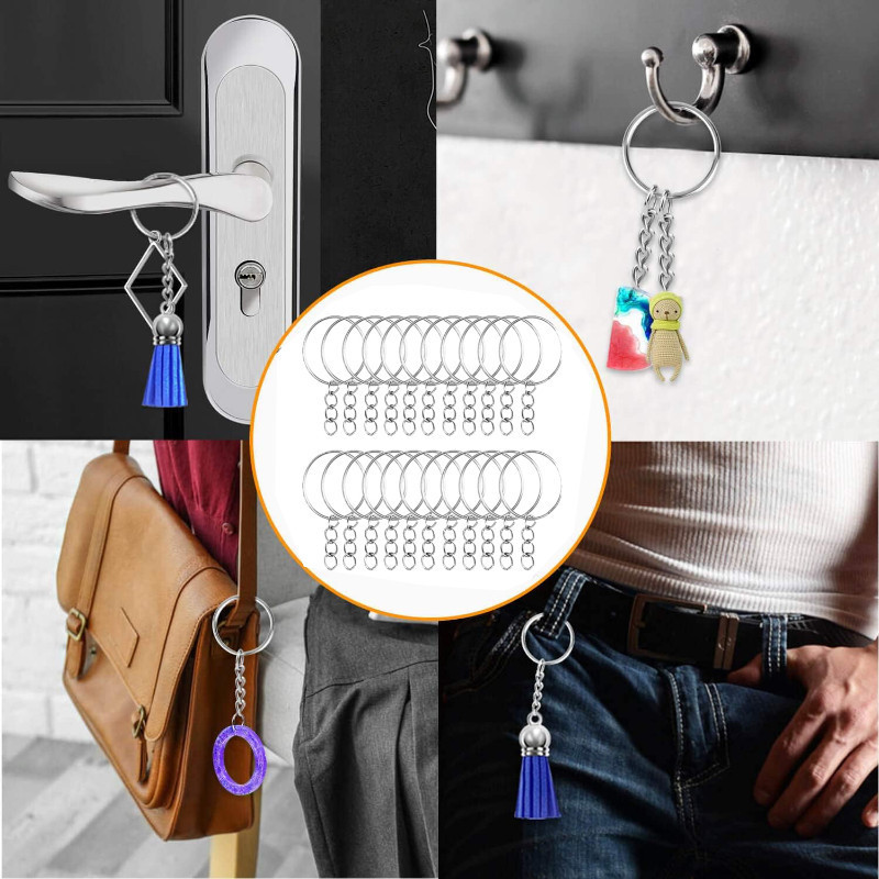 50pcs 25mm Split Keyrings with Chain - Simple Metal Keychain - Key ...