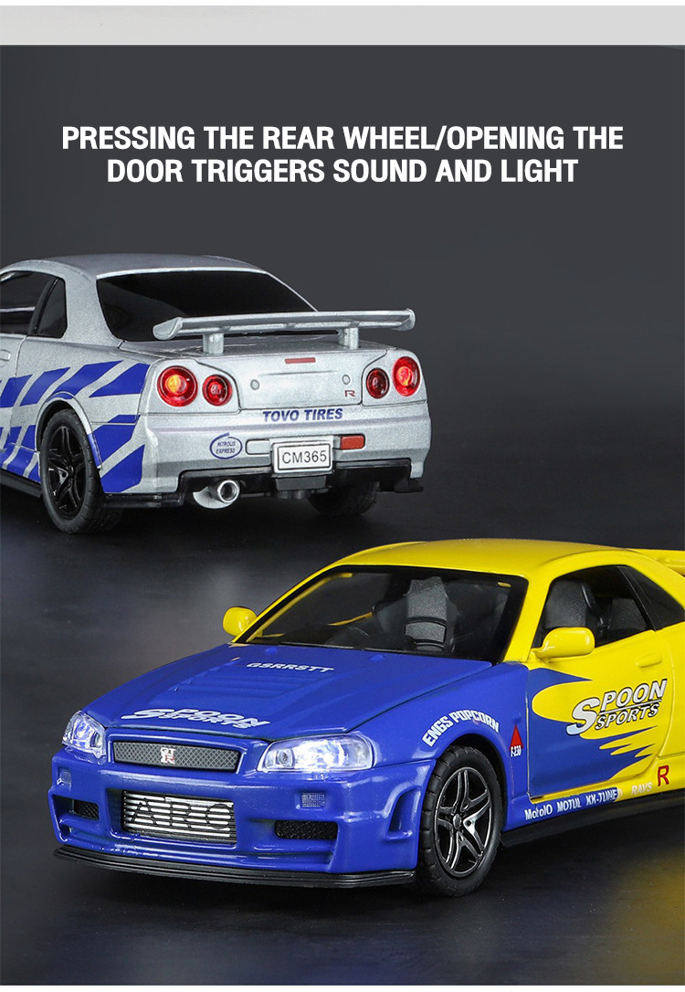 KLT 1:32 Nissan GTR R34 Metal Alloy Toys Car Model Diecast Vehicle For ...