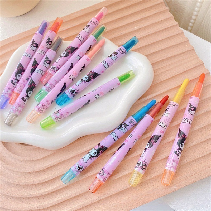 12 Colors Kuromi Melody Rotating Crayon Erasable Wax Crayons Washable ...