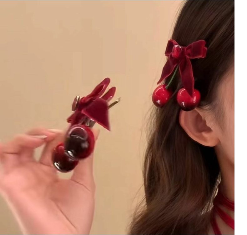 Bow Cherry Hair Clip Famale Red Forehead Side Bangs Clip Fashion Hair ...