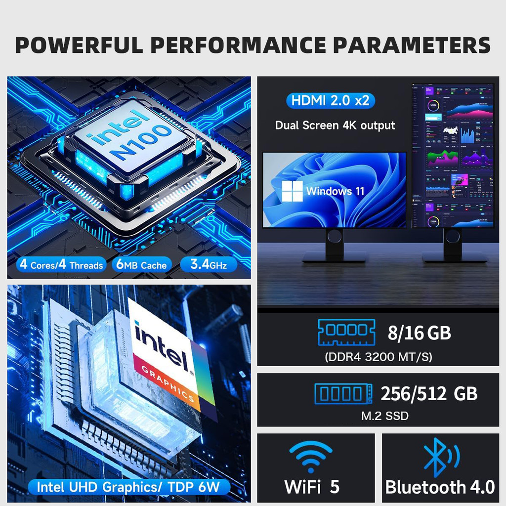 12th Gen Mini PC Intel N100 N150 16GB 512GB SSD Windows 11 Pro Dual LAN ...