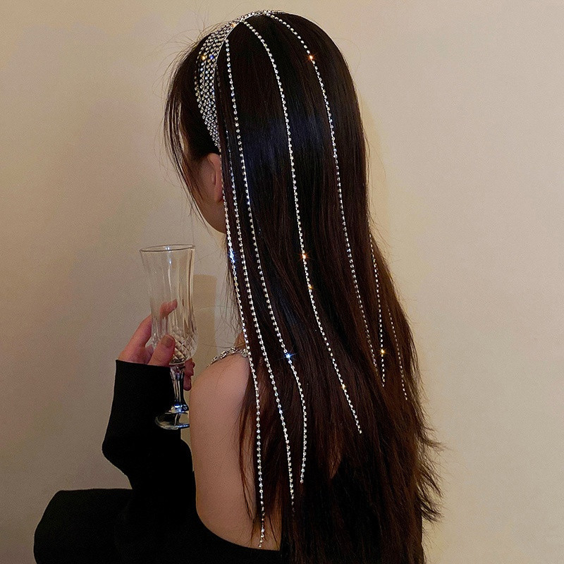 Silver Metal Flowing Diamond Hair Band Diamond Long Tassel Headband ...