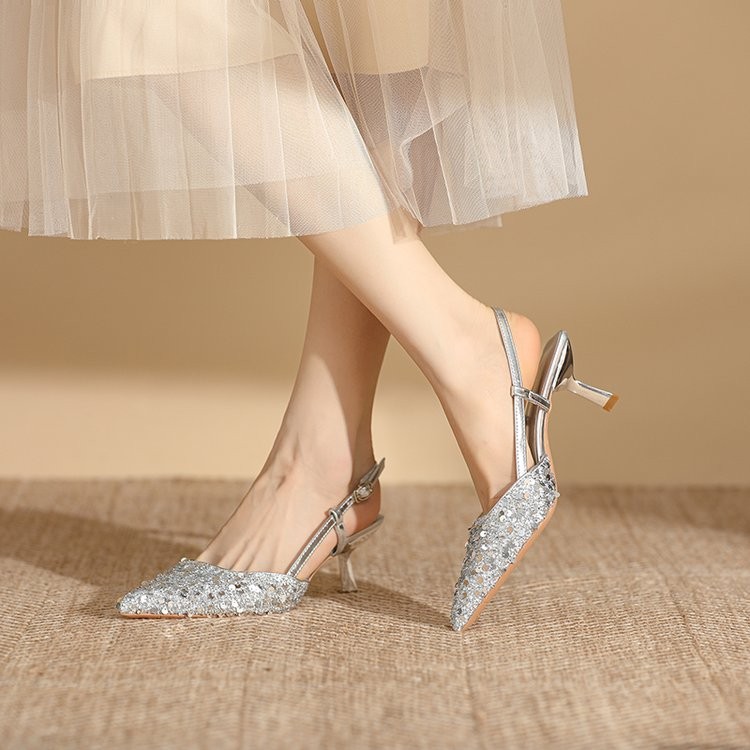 Women's High Heels Pointed Toe Sequins Stilettos Buckle Strap Fashion ...