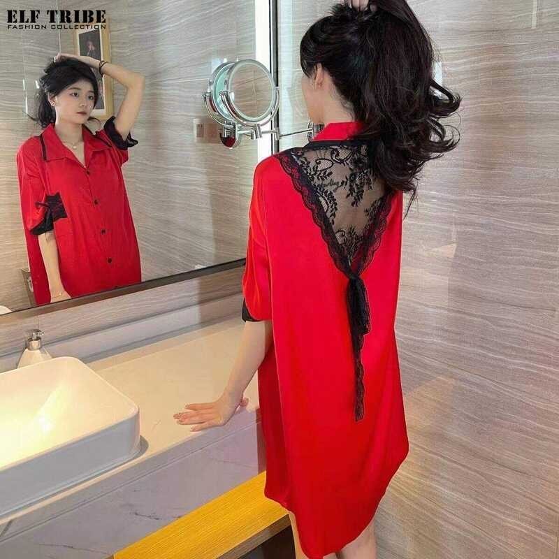 5 ELF TRIBE Nighgown Women Summer Ice Silk Sexy Lace Large Size Sleep ...