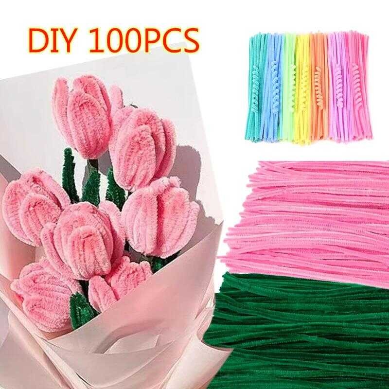 100Pcs DIY Wer Chenille Stem Flexible Bendable Wire Colorful Tulip ...