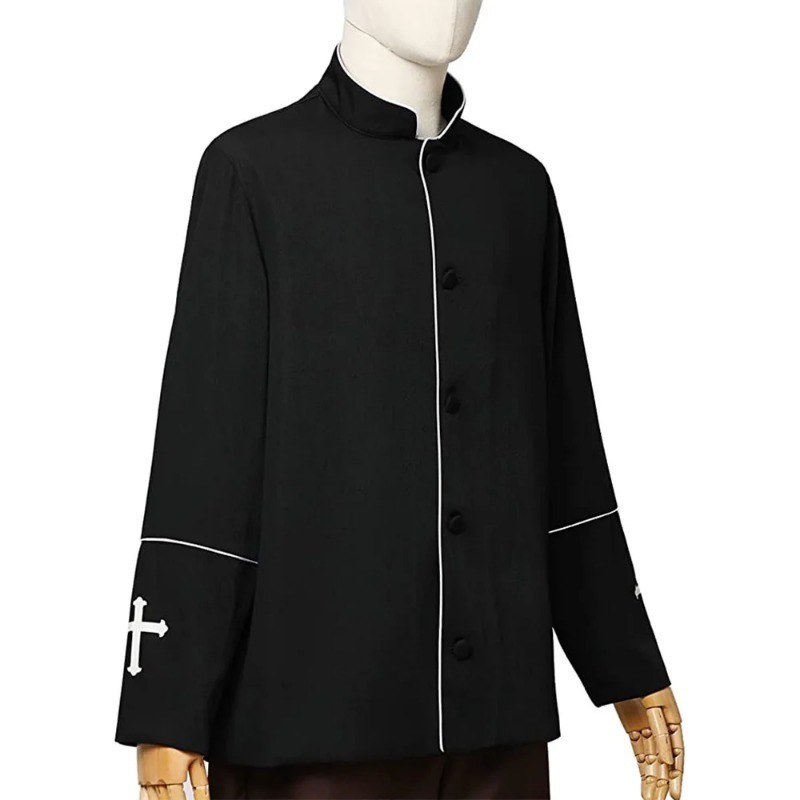 Men Stand Collar Church Priest Black Robe Trench Jacket Cassock Clergy ...