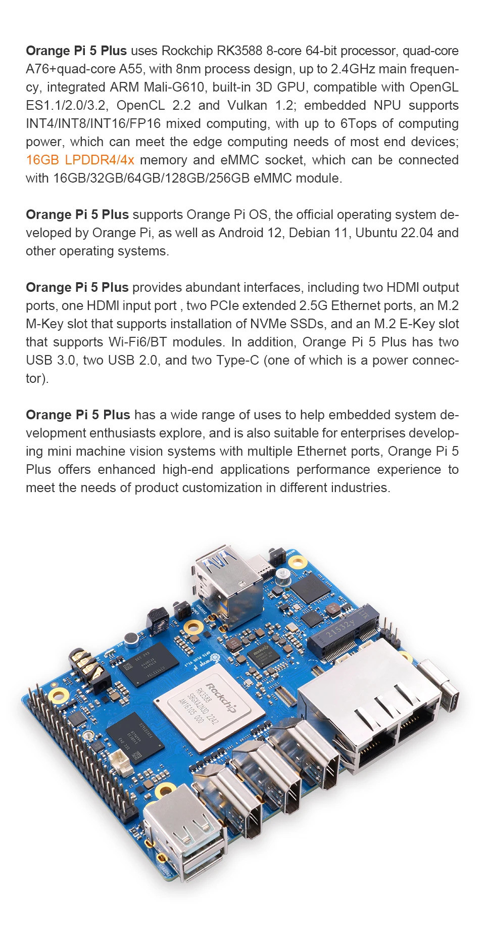 Orange Pi 5 Plus 16GB + 256GB Emmc + Case + WIFI-BT Module Single Board ...