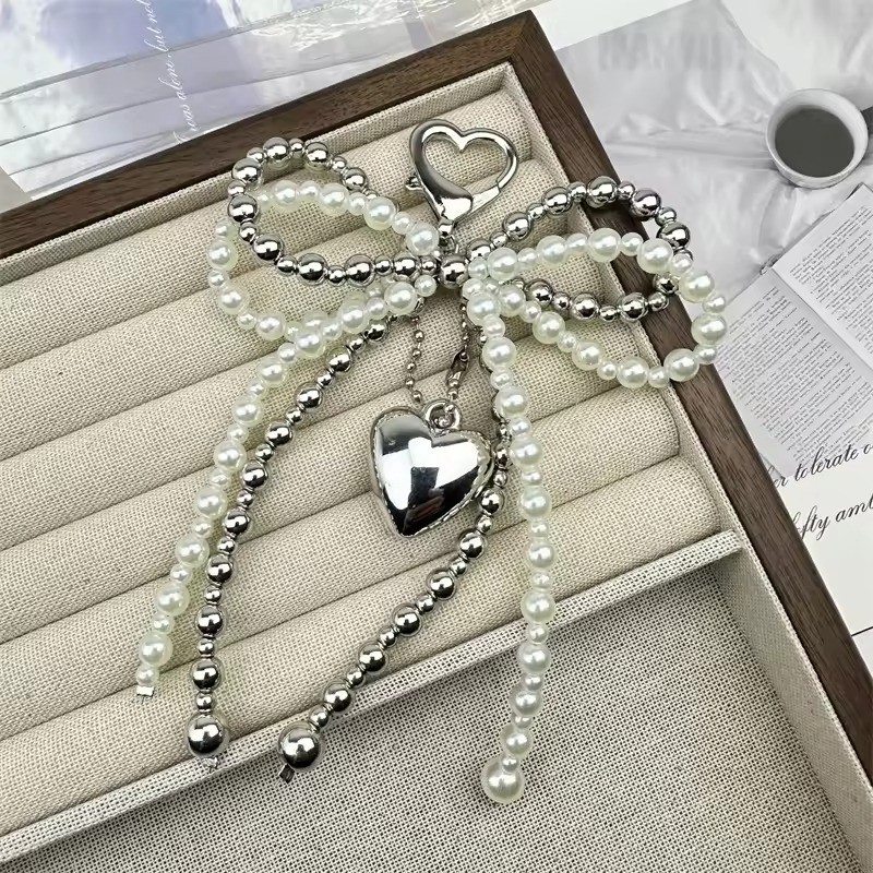 Double-layer Sweet Lovely Beaded Bowknot Heart Keychain Pendant Hanging ...