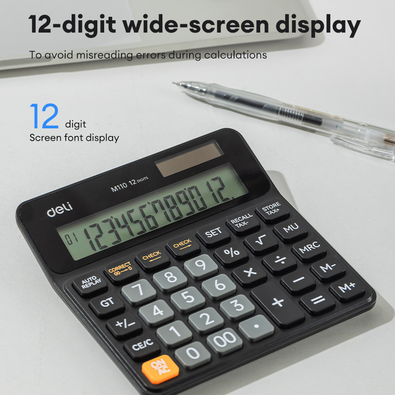 Deli 12 Digits Big Display Solar Desktop Electronic Calculator for School&Office (With Battery ...