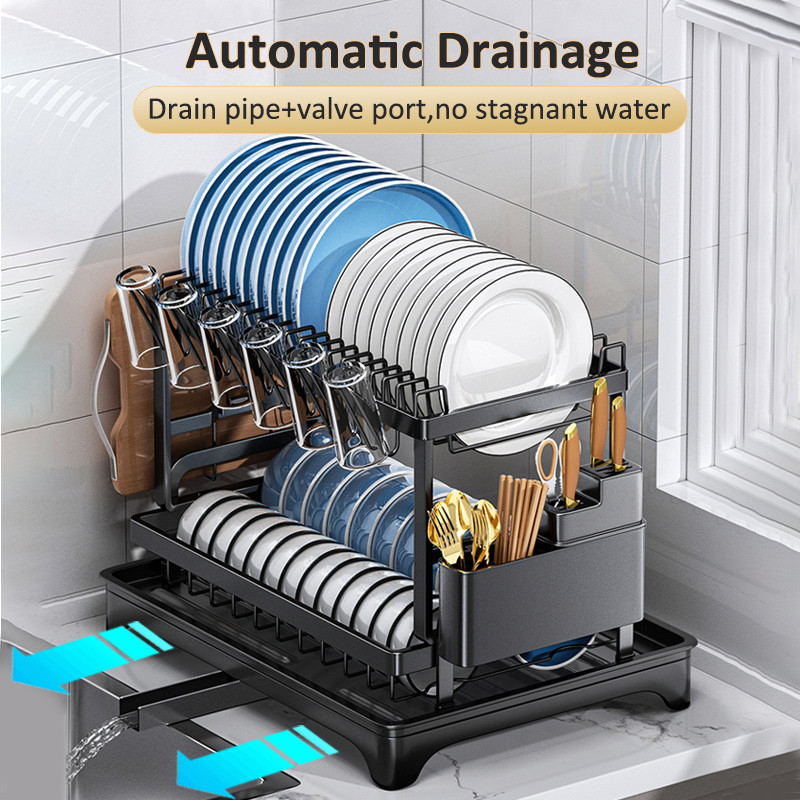Dish Drying Rack Plate Drainer Rack 2 Tiers Metal Kitchen Organizer ...