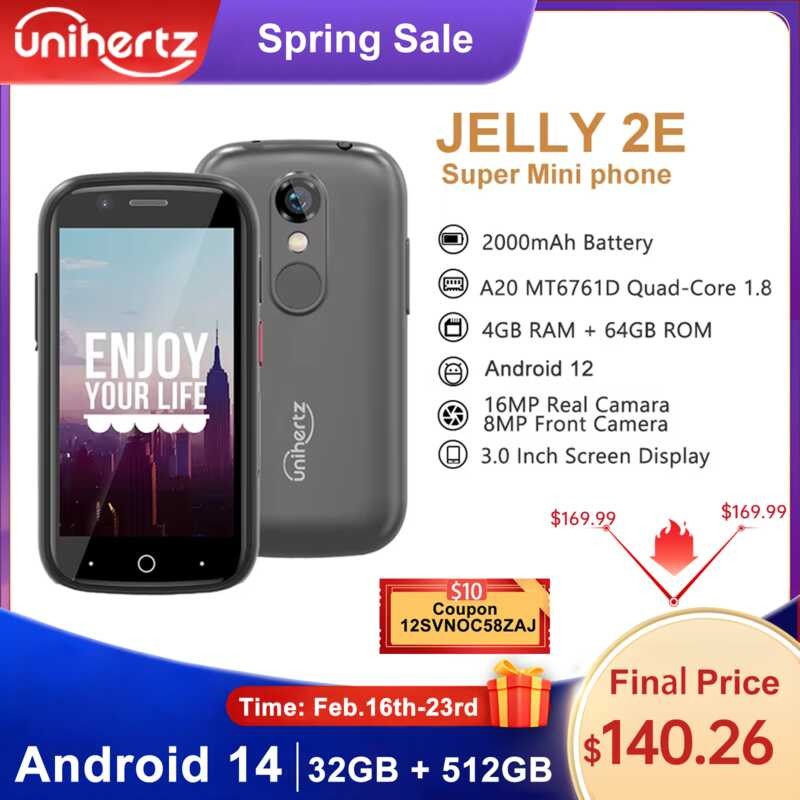 Jelly Unihertz 2E Mini Smartphone Android 12 Unlocked 4GB 64GB Mobile Phone 2000mAh 16MP 4g 6 ...