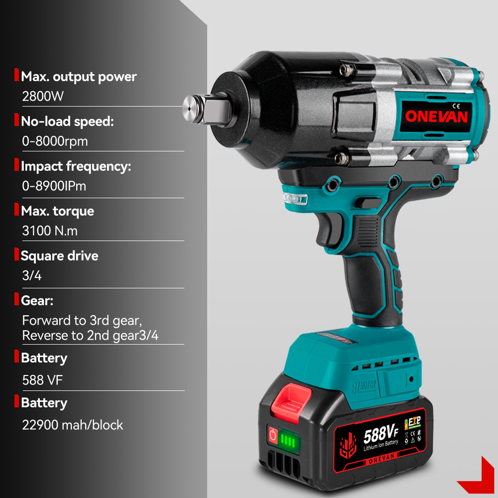 ONEVAN 3100N.M Torque Brushless Electric Impact Wrench 3/4 inch ...