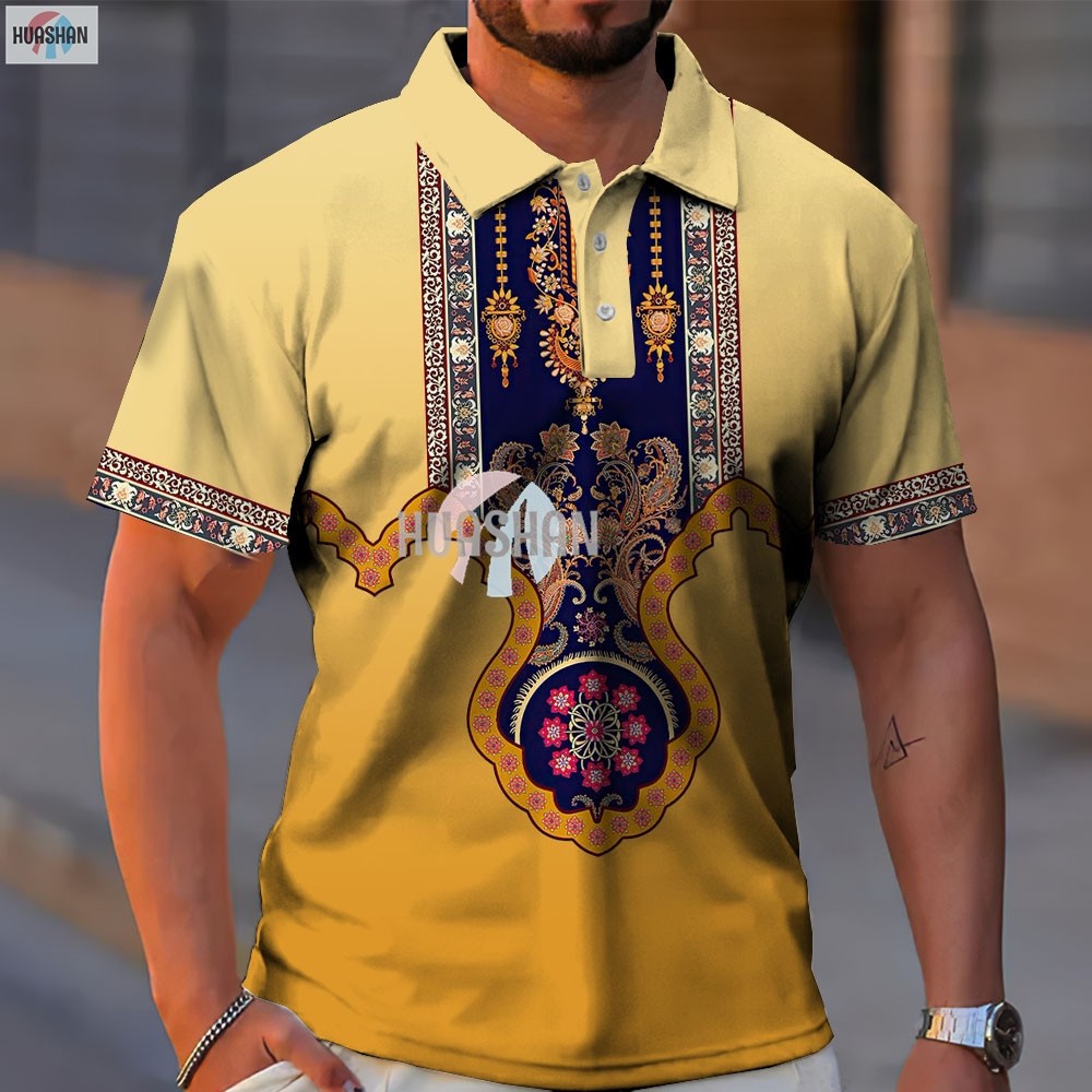 2025 Ethnic Retro Style T-shirt Balong Floral Pattern Printed POLO ...