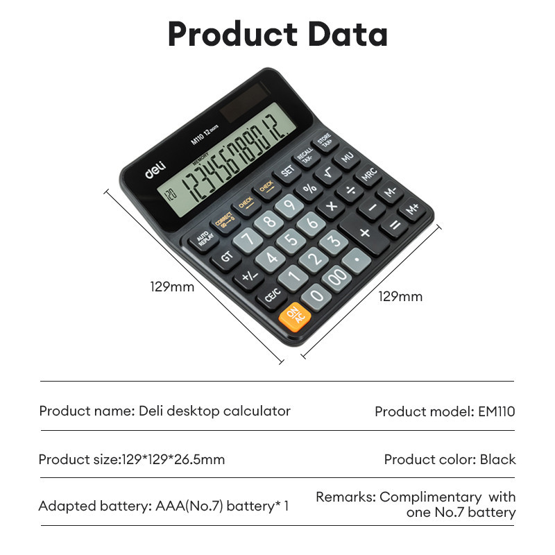 Deli 12 Digits Big Display Solar Desktop Electronic Calculator for School&Office (With Battery ...