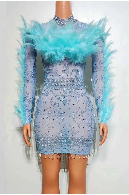 Birdman Feather Mesh Spliced Water Diamond Tight And Sexy Fairy Dress ...