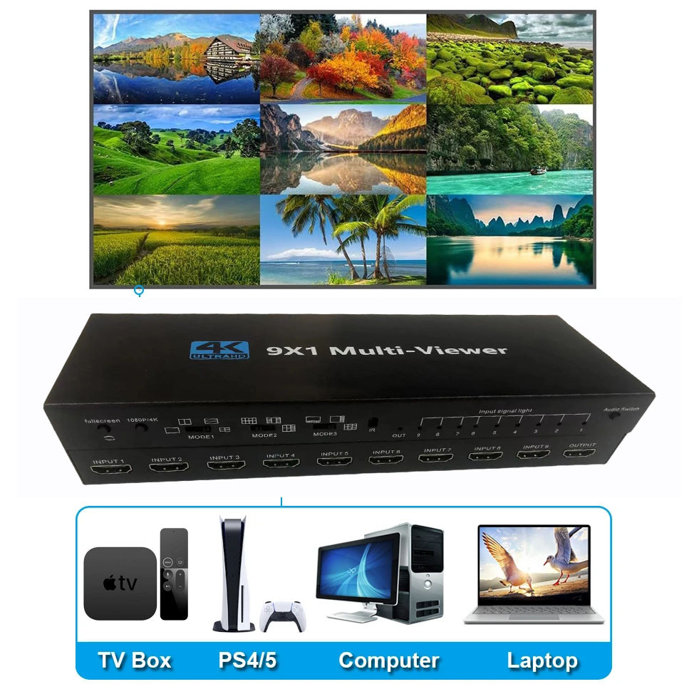 4K 4x1 9x1 HDMI Quad Multiviewer 4 9 Screen 9x1 Seamless Switch 9 In 1 ...
