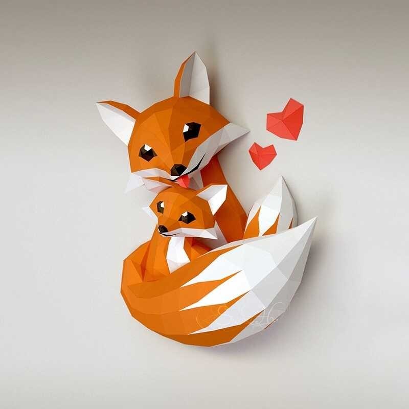 3D Papercraft DIY Paper Model Mummy And Baby Fox Sculpture Home ...