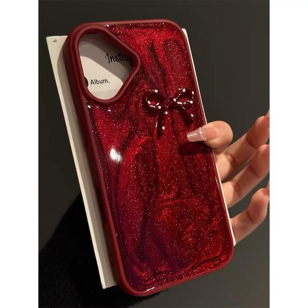 Luxury Dark Red Glitter Polka Dot Bowknot Phone Case for iPhone 16 Pro ...