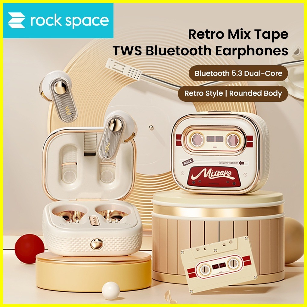 Rock Space Retro Mix Tape TWS Bluetooth 5.3 Earphones Wireless Earbuds ...
