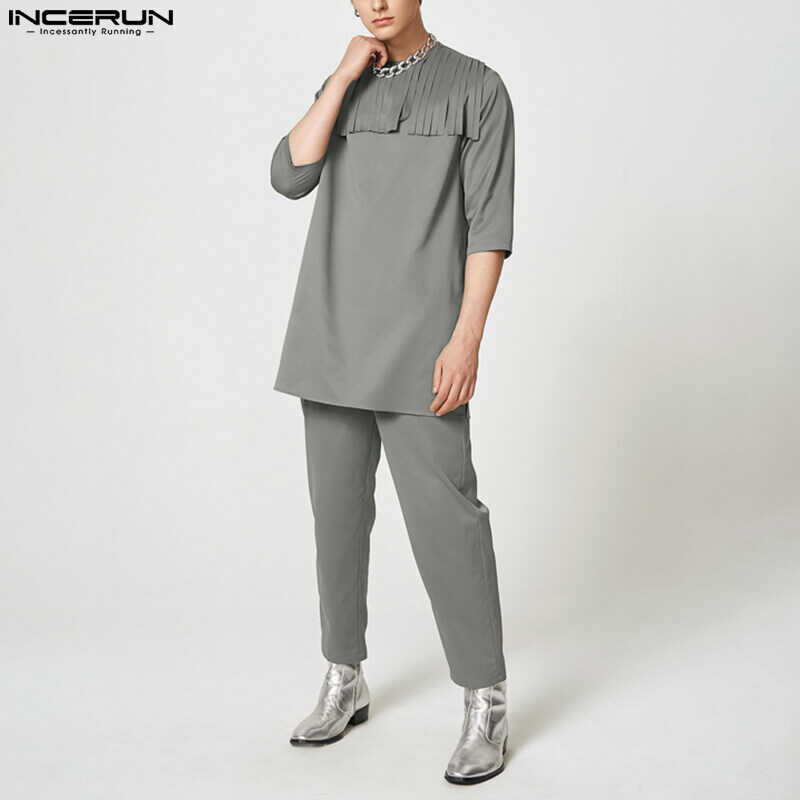 Abayas INCERUN Mens Outfit 3/4 Sleeve Tops + Pants Sets Saudi Islamic ...