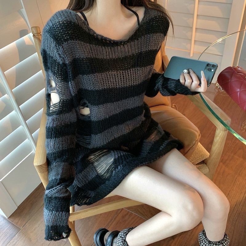 Karrram Pink Striped Gothic Sweaters Women Ripped Holes Loose Knitted ...