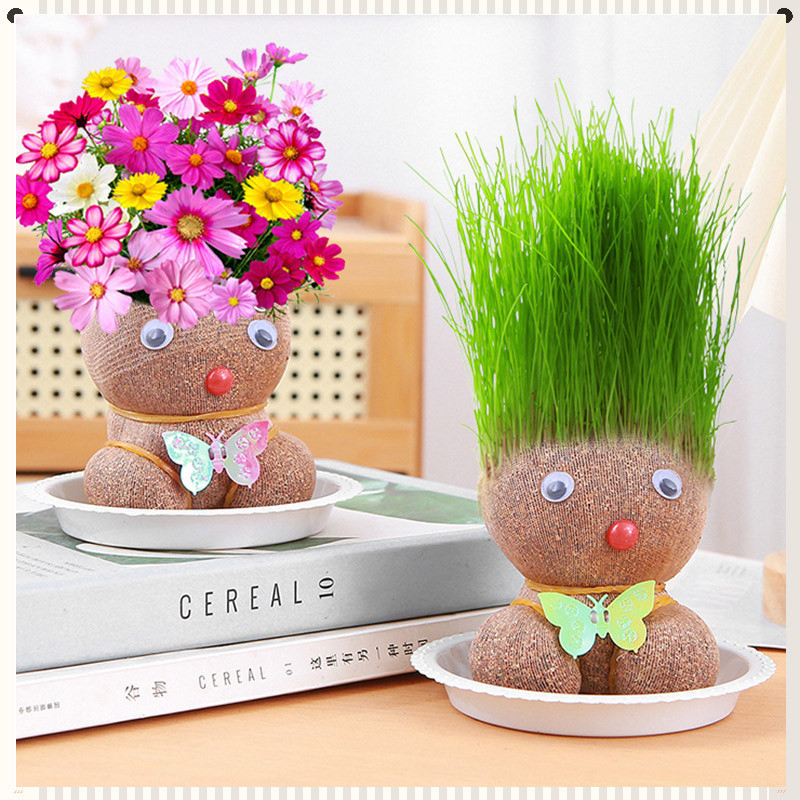 Kid Grass Head Toy Children Planting Flowering Head Doll Craft Ryegrass ...