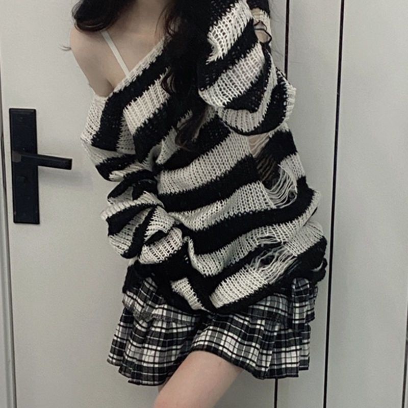 Karrcat Punk Gothic Long Sweater Women Dark Aesthetic Striped Pullovers Hollow Out Oversized ...