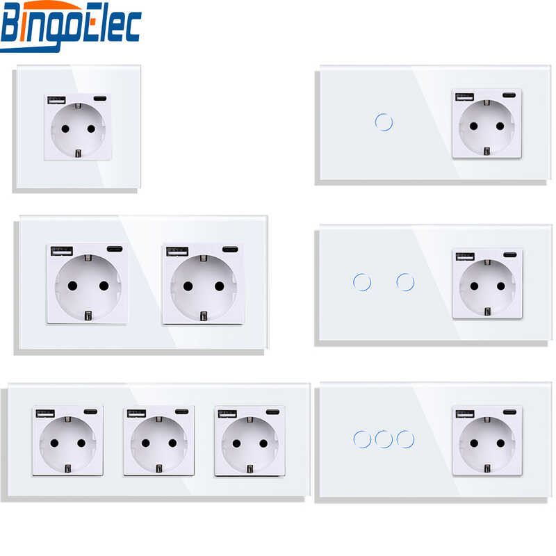 Standard EU Single Power Socket Touch Switch Crystal Panel USB Double ...