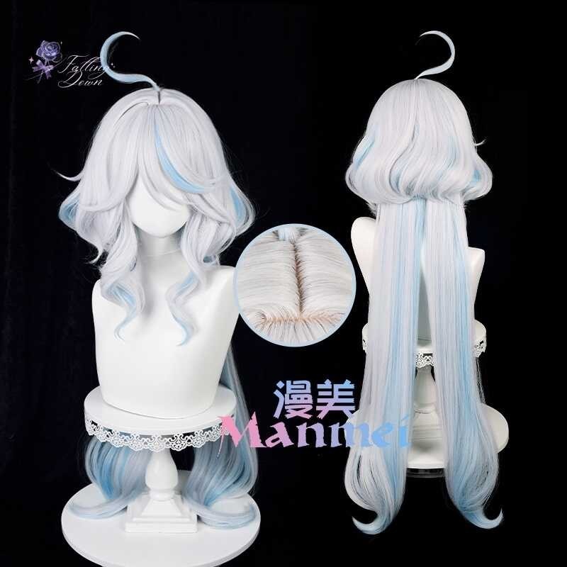 Falling Down Genshin Impact Focalors Cosplay Wig 100Cm Long Sier White ...