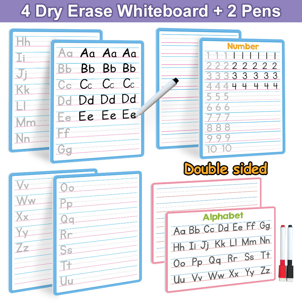 4pcs Dry Erase Alphabet & Numbers Whiteboard Preschool Tracing English ...