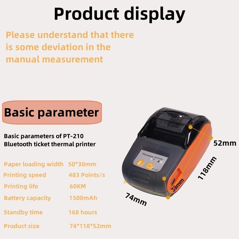 PT-210 Thermal Printer Portable Wireless Bluetooth Printer Receipt ...