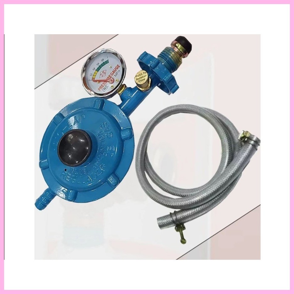⊝ LPG Regulator with Gauge & Automatic Shut Off Safety Pin + GAS HOSE ...