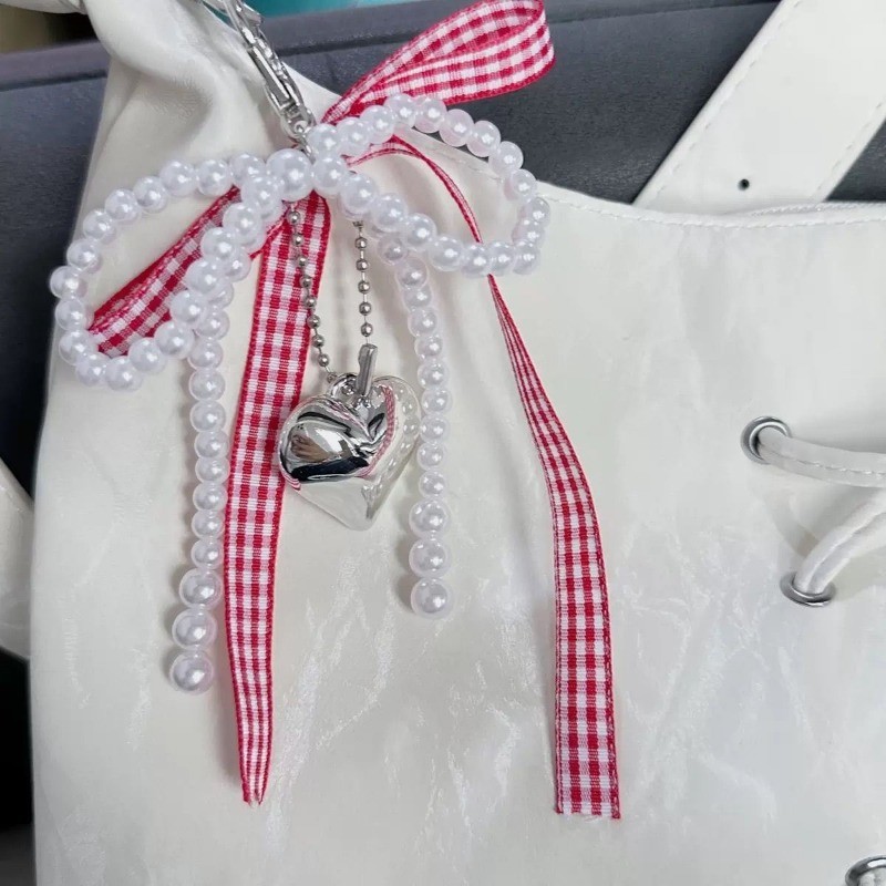 Y2K Lattice Ribbon Bowknot Pearls Bag Pendant Charm Heart Keychain ...