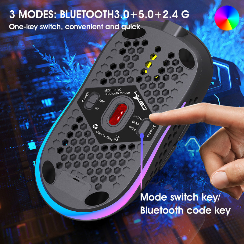 T90 mouse tri-mode bluetooth wireless lightweight design honeycomb RGB ...