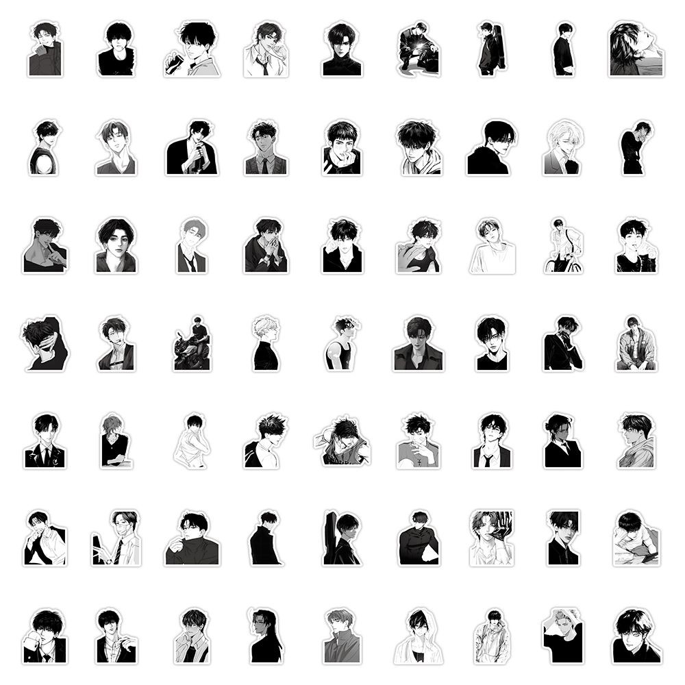 60 pieces of black and white handsome boy stickers, anime-style cartoon ...