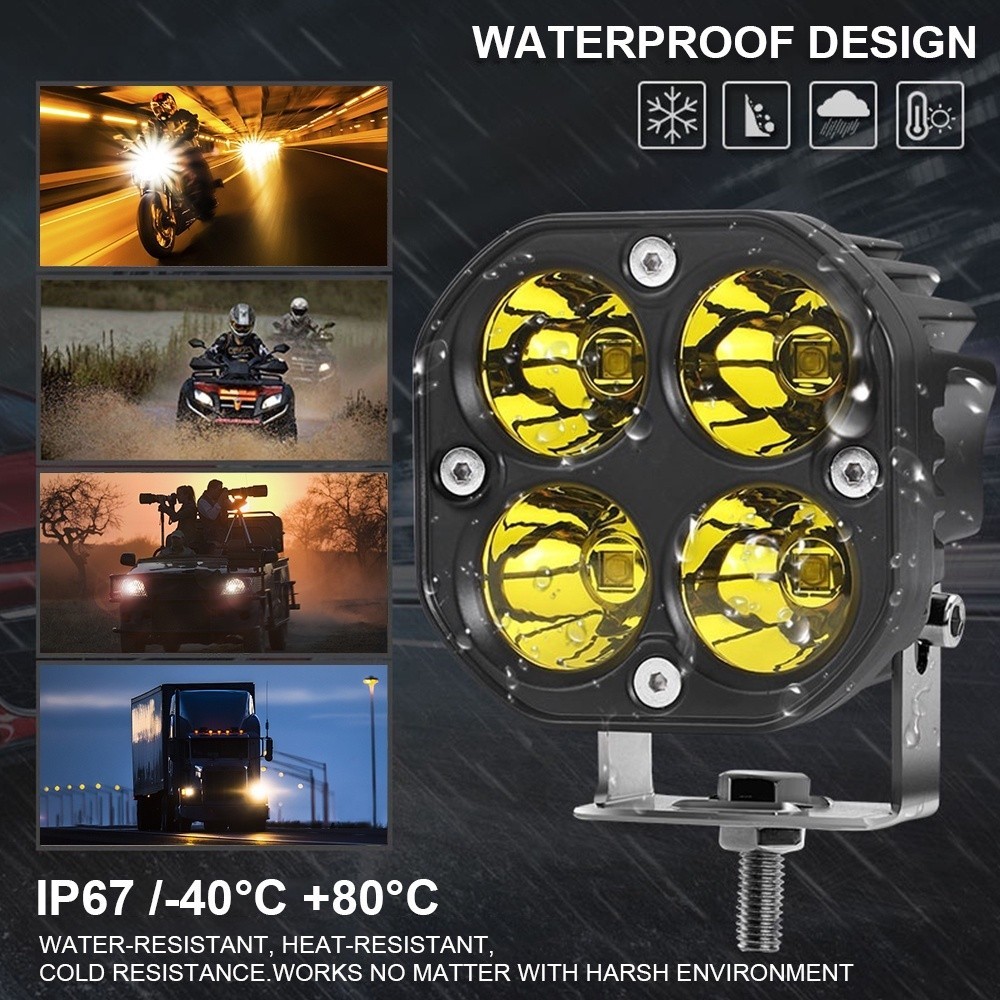 2PCS Universal 3 Inch 60W Yellow LED Work Light Square Mini Waterproof ...