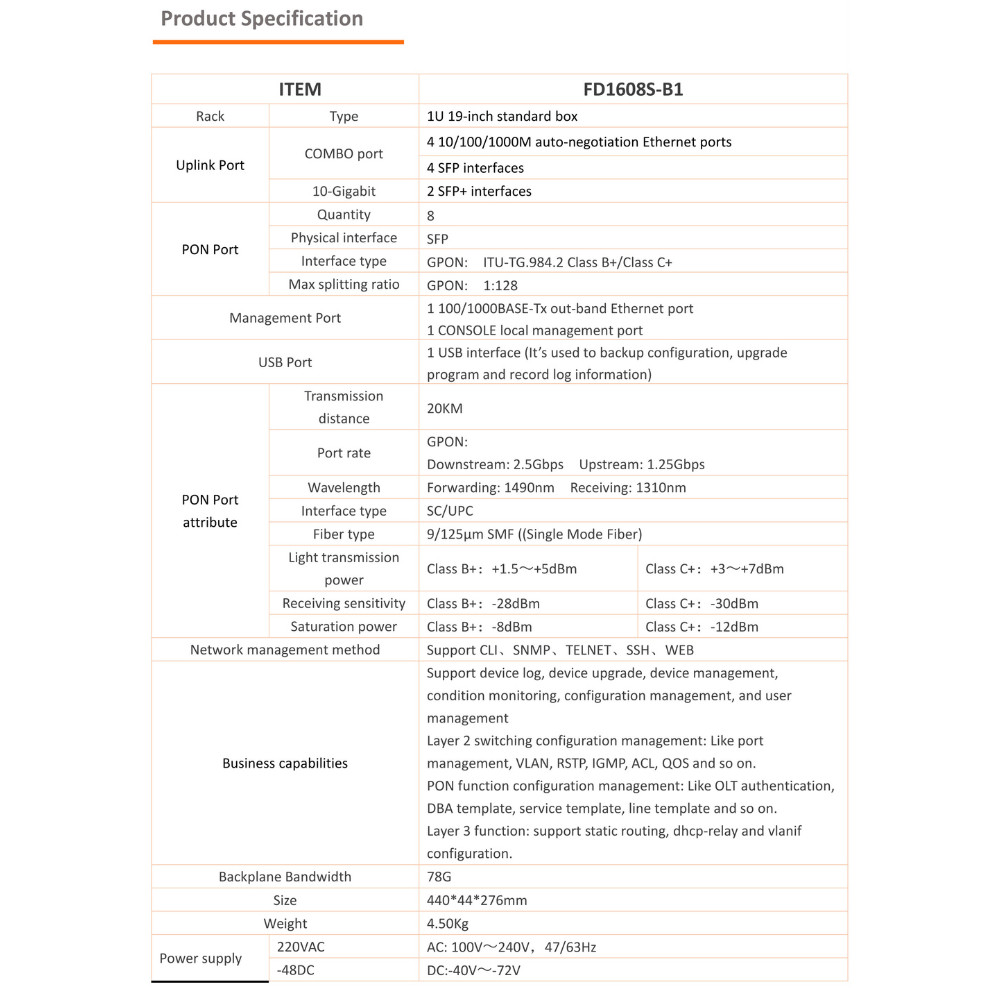 CDATA OLT FD1608S-B1 - 8PON GPON, Dual AC Power Supply, w/ (8) GPON C ...