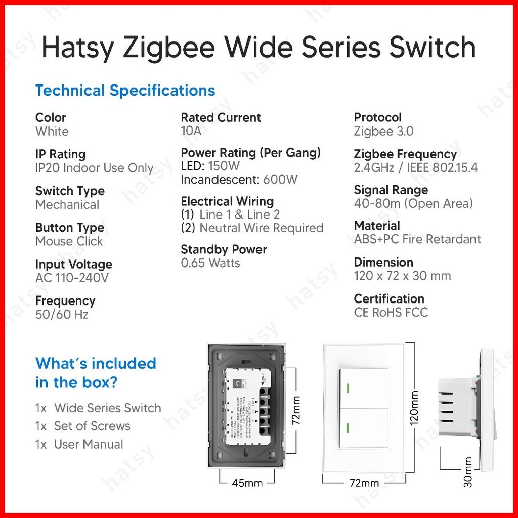 ๑ HATSY - 2 GANG ZIGBEE LIGHT SWITCH, WIDE SERIES, NEUTRAL REQUIRED ...