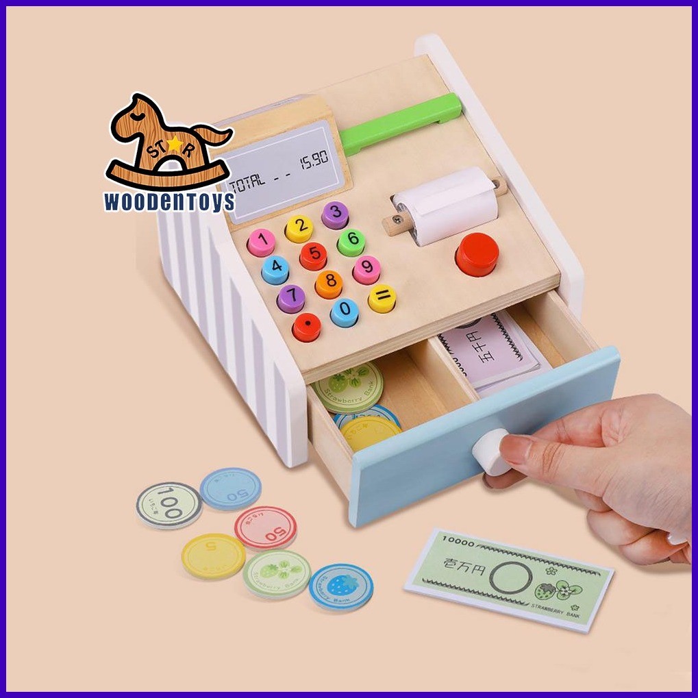 ⚕ ═ ♆ Wooden Cash Register With Play Money And Card Swiper Pretend Play ...